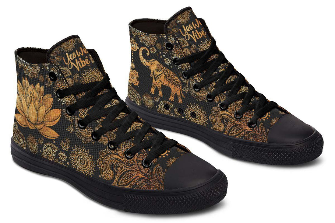 Lotus Elephant Print Shoes | Black and Gold High Tops – Yes We Vibe