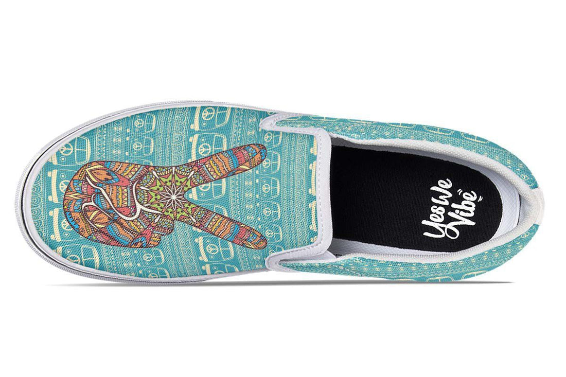 Hippie Peace Sign Shoes | Teal Slip On Shoes | YesWeVibe – Yes We Vibe