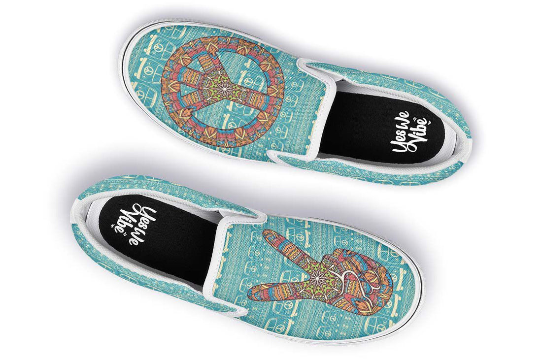 Hippie Peace Sign Shoes | Teal Slip On Shoes | YesWeVibe – Yes We Vibe